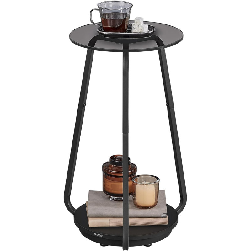 Round Side Table 2 Tier Nightstand End Table with Glass Top and Particleboard Shelf Cocktail Table for Living Room Bedroom Small Spaces Modern